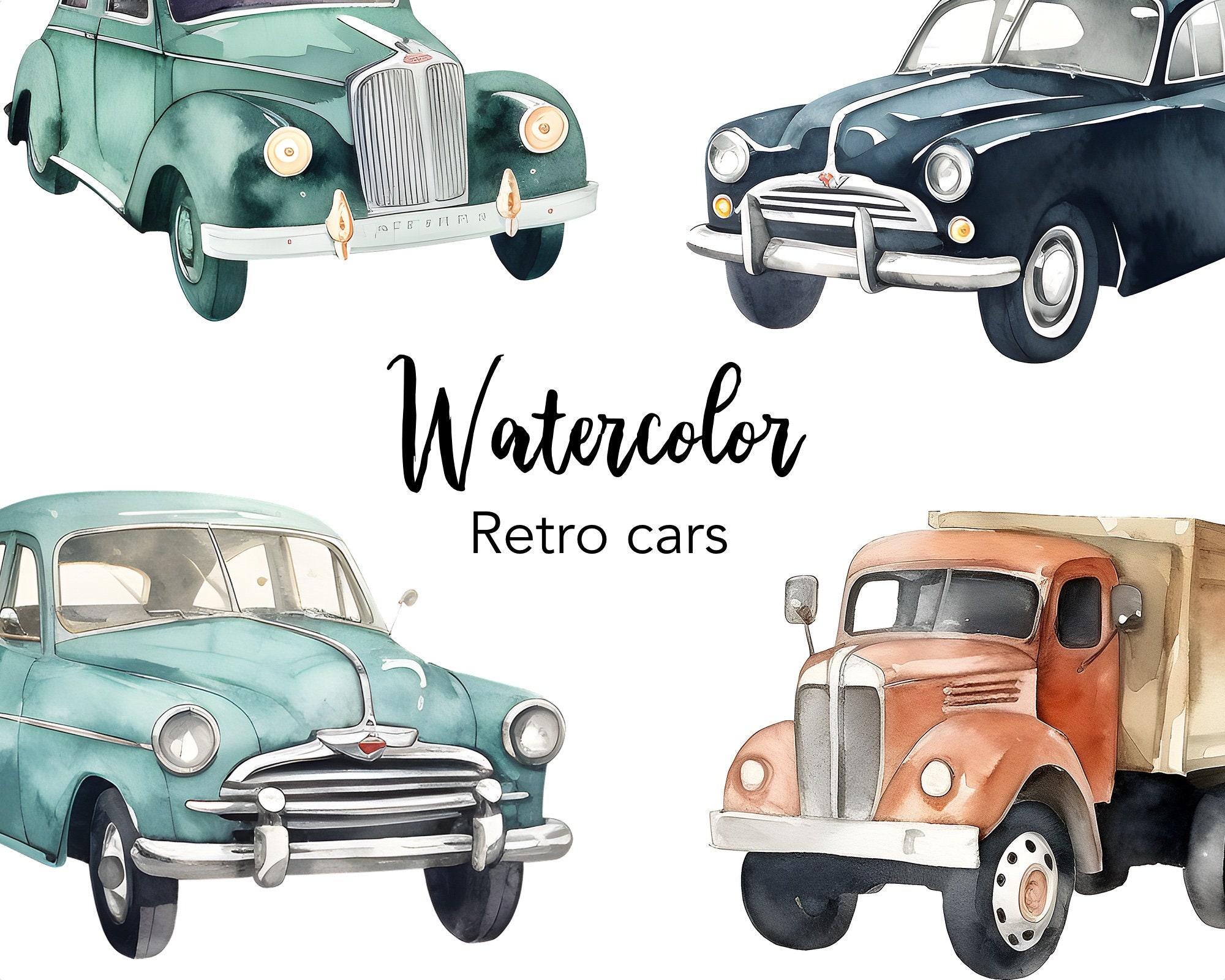 Watercolor Clipart Retro Cars, Watercolour Vehicle Illustrations ...