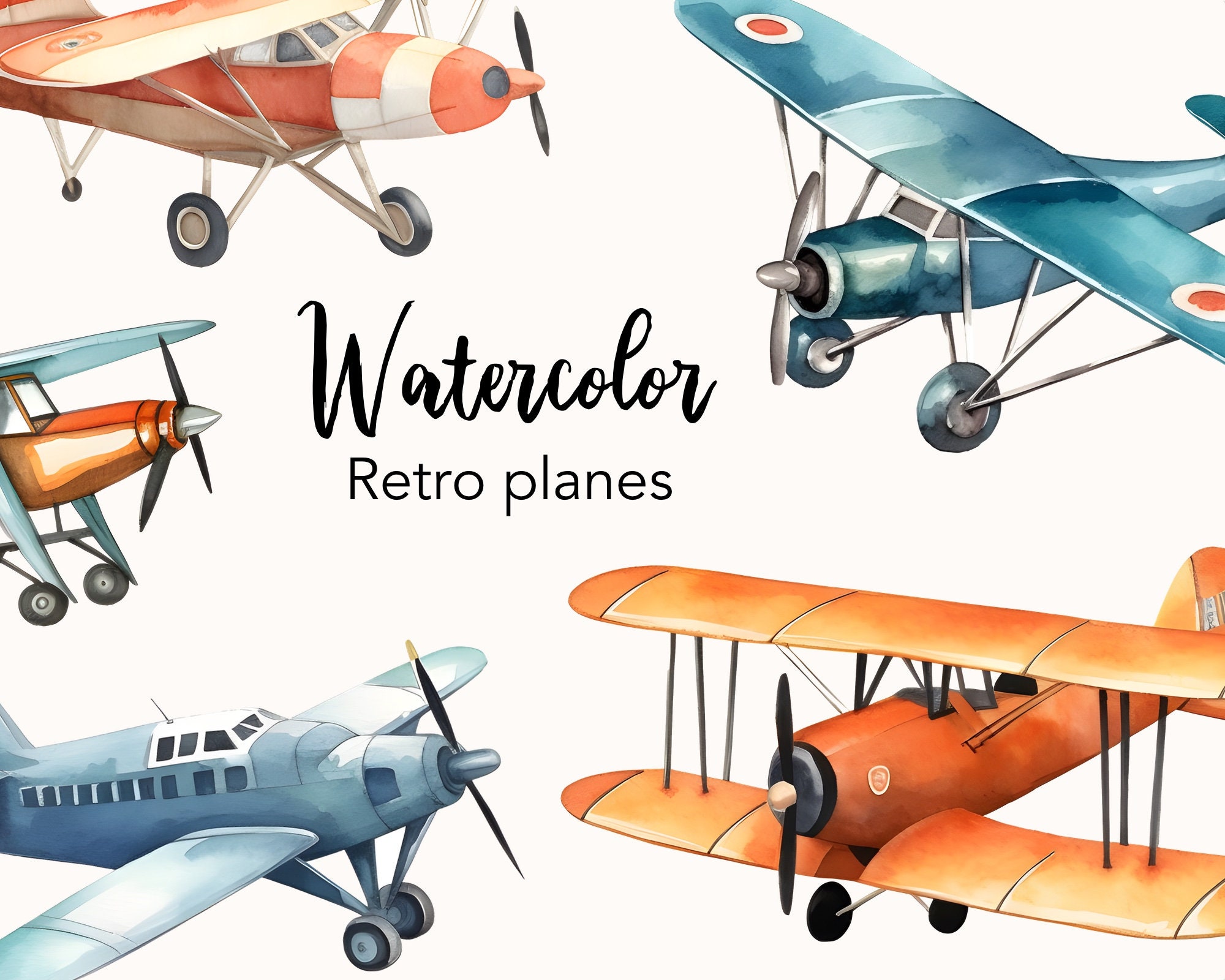 Watercolor Clipart Retro Planes Aircraft Illustrations Png - Etsy