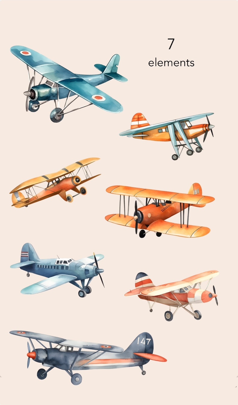 Watercolor Clipart Retro Planes Aircraft Illustrations Png - Etsy