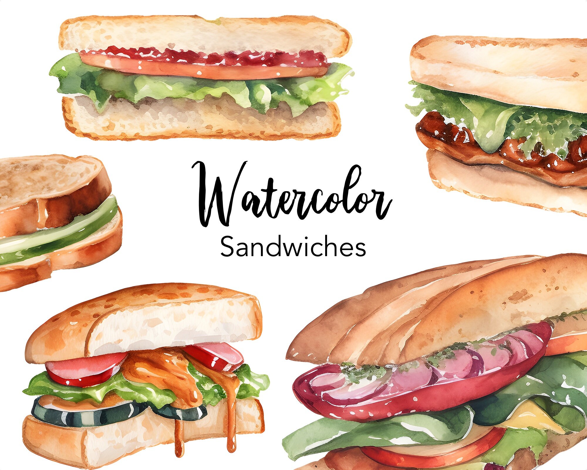 Watercolor Clipart Sandwich, Food Clip Art, Lunch Illustrations, Cafe ...
