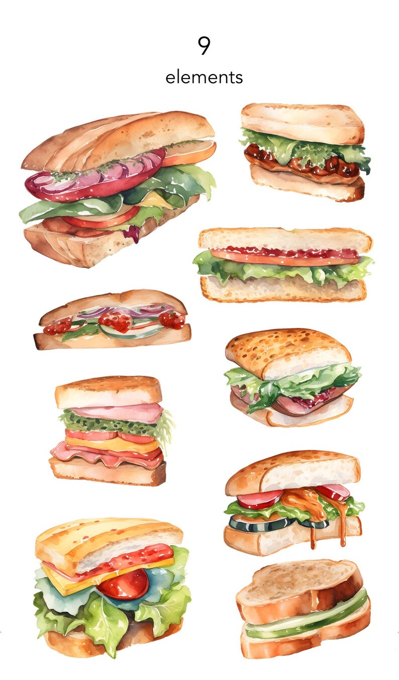 Watercolor Clipart Sandwich, Food Clip Art, Lunch Illustrations, Cafe ...