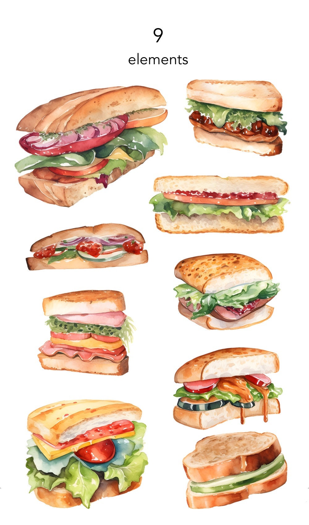 Watercolor Clipart Sandwich, Food Clip Art, Lunch Illustrations, Cafe ...