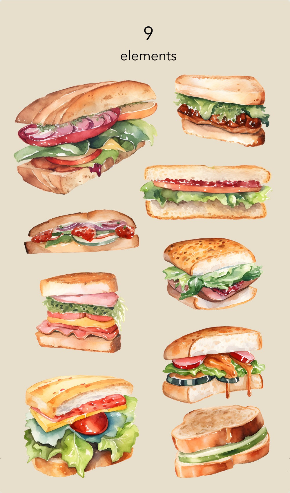 Watercolor Clipart Sandwich, Food Clip Art, Lunch Illustrations, Cafe ...