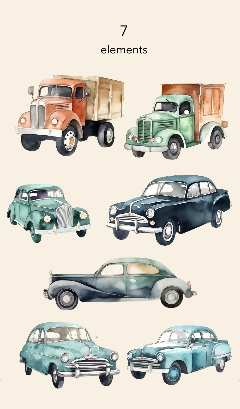 Watercolor Clipart Retro Cars, Watercolour Vehicle Illustrations ...