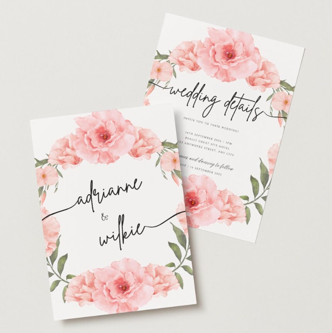 Pink Floral Wedding Invitation Template, Blush Pink Wedding Invitation ...