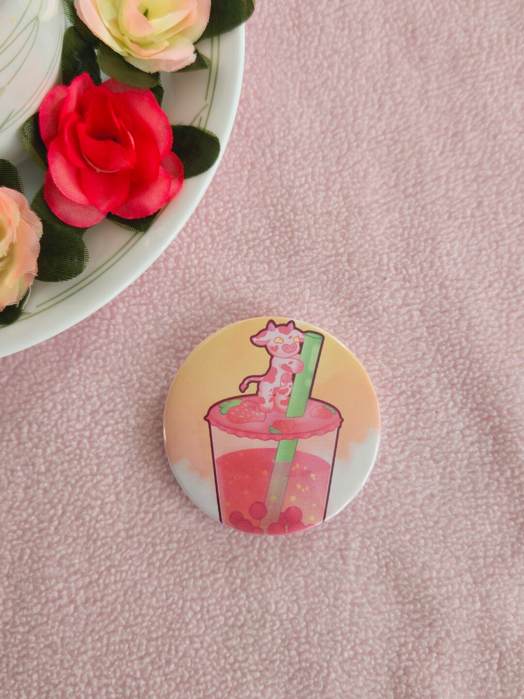 Kawaii Glossy Strawberry Cow Bubbletea Button, Kawaii Button, Adorable ...