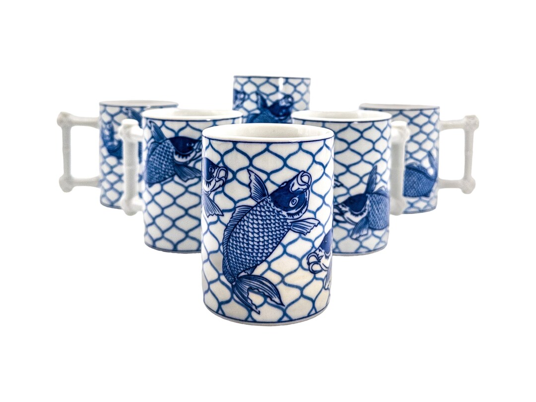 Vintage Vandor Nancy Getz Blue White Koi Fish Mug Bamboo Handle Japan ...
