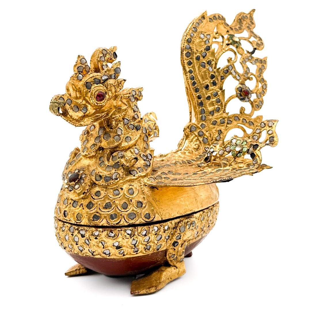 Vintage Burmese Hintha Bird Betel Box: Gold Lacquer Inlaid Glass ...