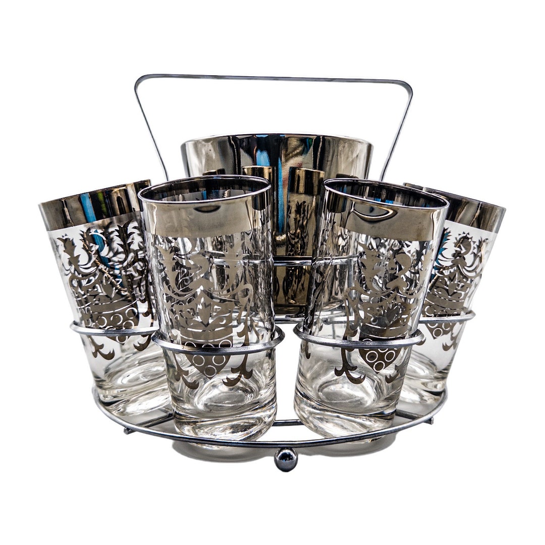 Vintage Set of 8 MCM Kimiko Silver Heraldic Highball Glassware Ice ...