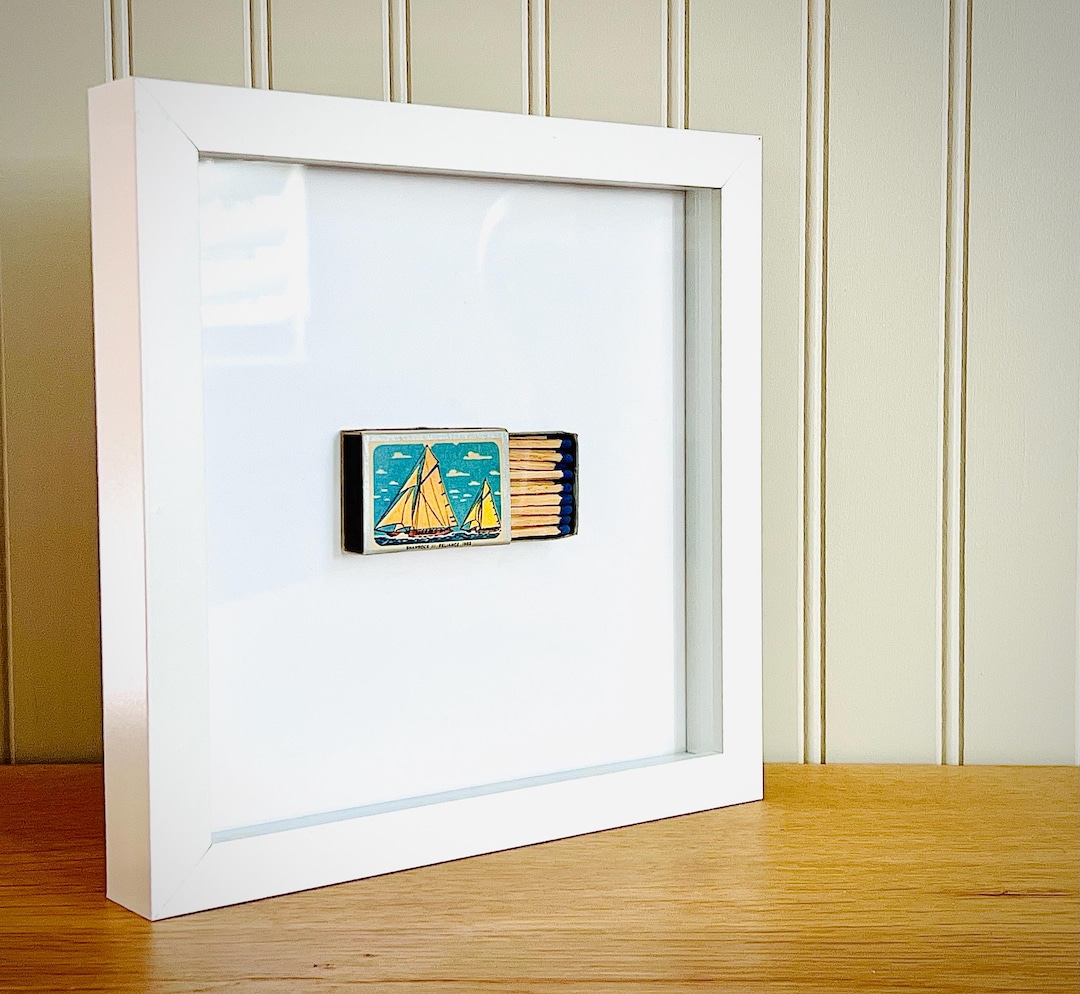 Sailboat Matchbox Shadowbox *mid-1900s* White 8x8” Glass Shadowbox With ...