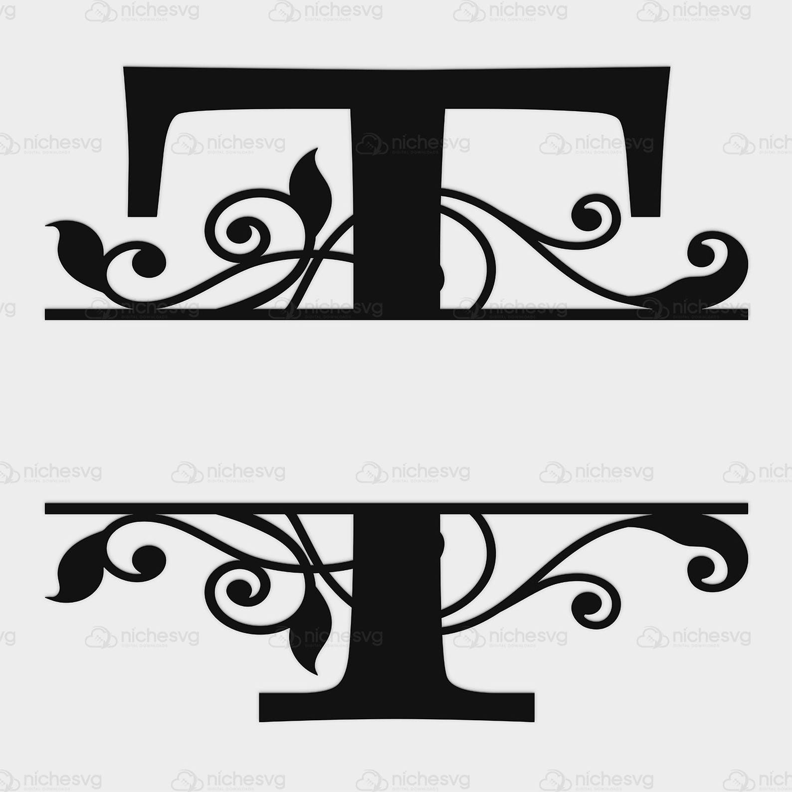 T Elegant Split Letter Monogram SVG, Regal Alphabet Cut File, Fancy ...