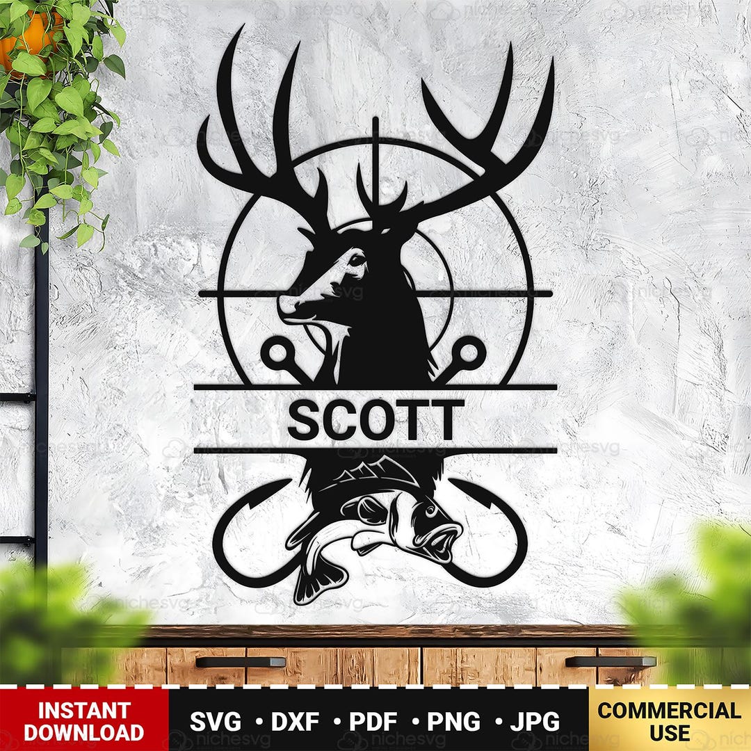 Deer Fish Monogram SVG, DXF, PNG, Hunting Split Monogram Cut File ...