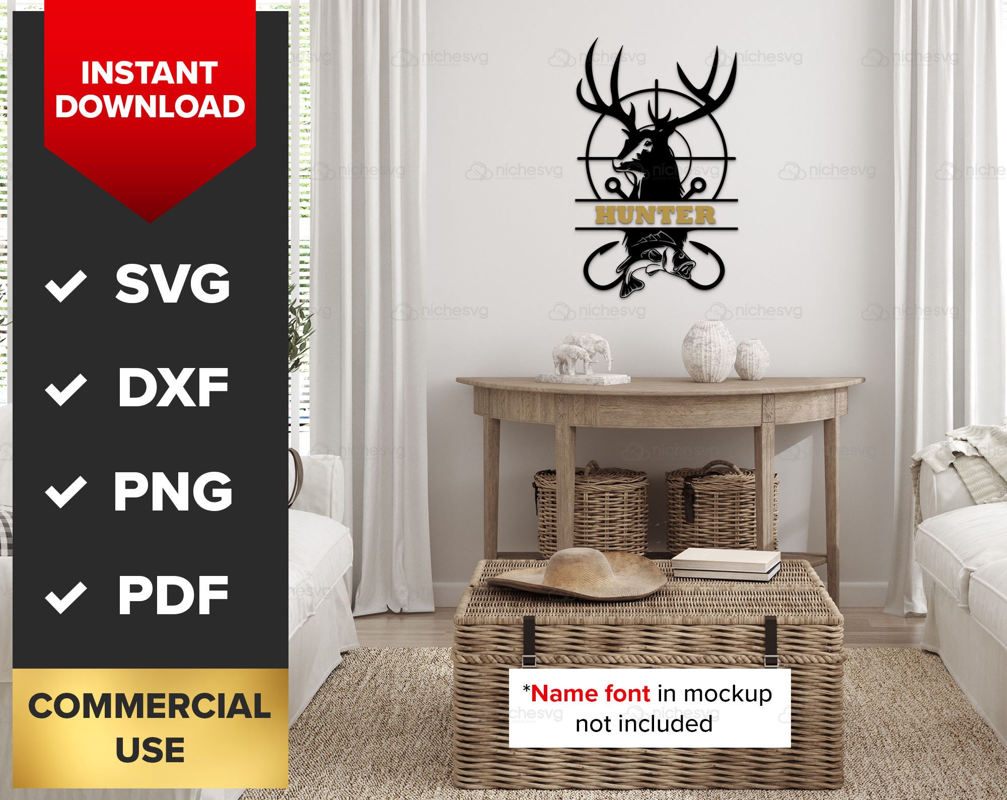 Deer Fish Monogram SVG, DXF, PNG, Hunting Split Monogram Cut File ...