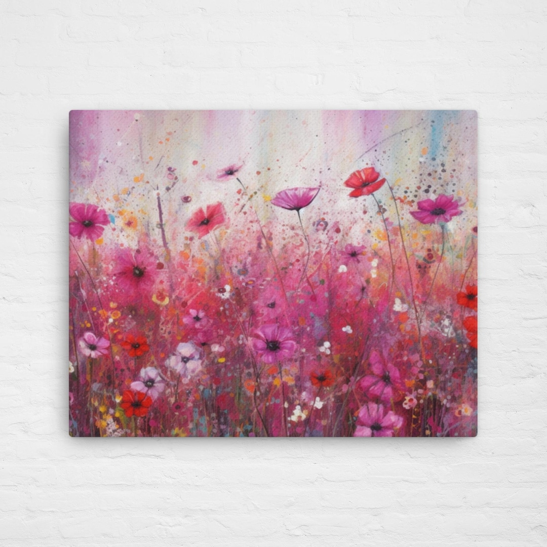 Pink Flower Art Landscape Design Wall Art Floral Fields Meadow Poster ...