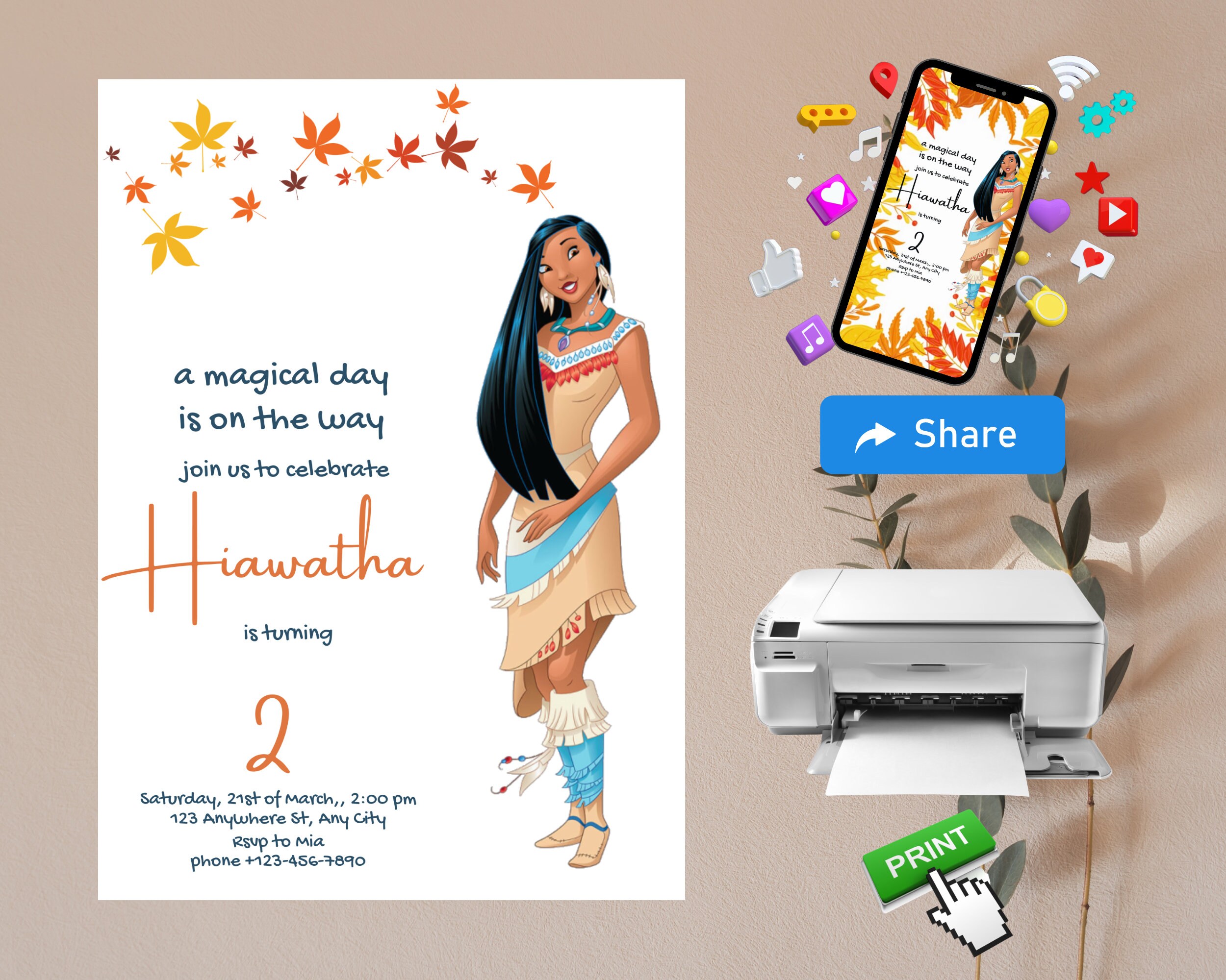 Pocahontas Invitation, Princess Pocahontas Birthday Invite,digital ...