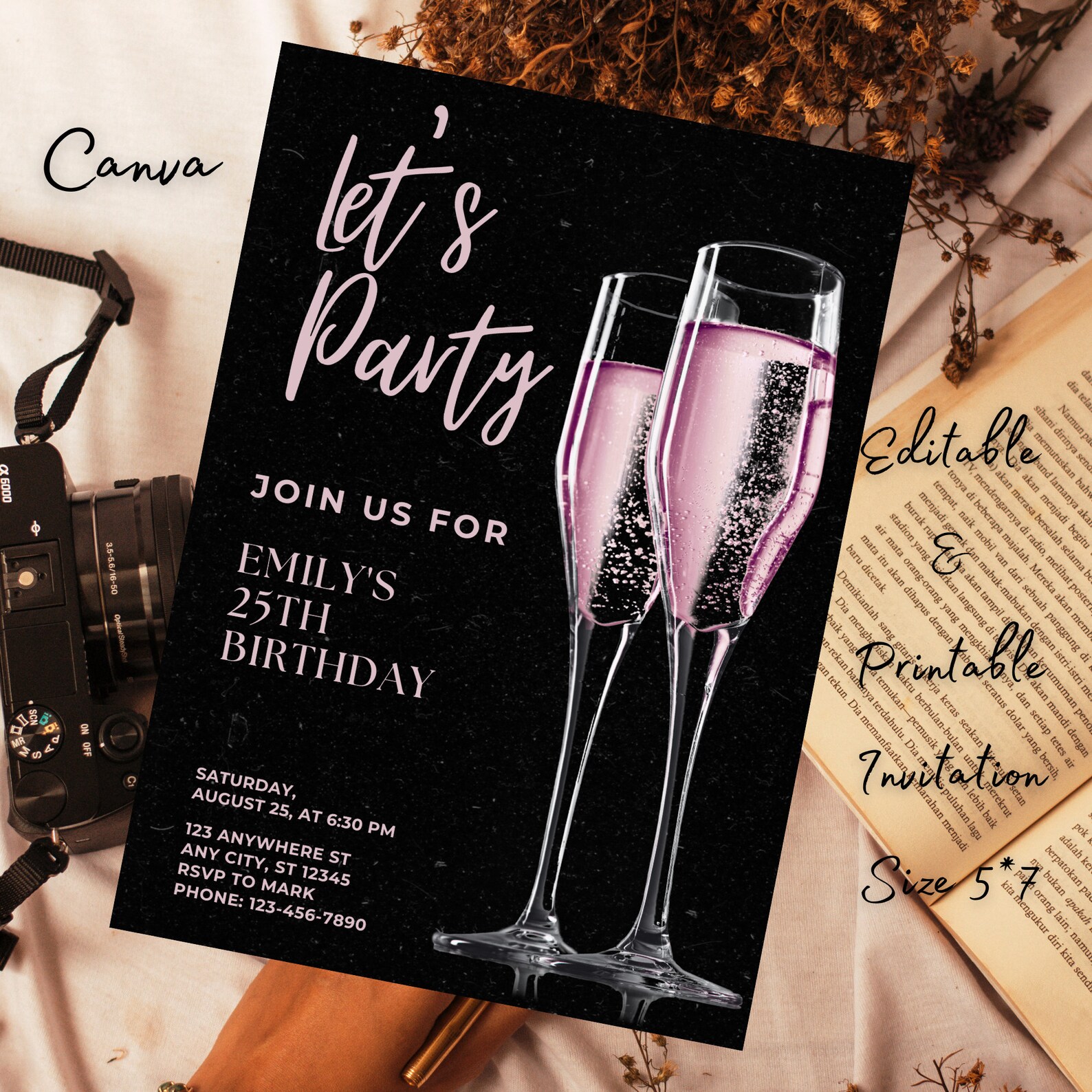Pink Champagne Birthday Invitation, Champagne Invitation, Pink ...