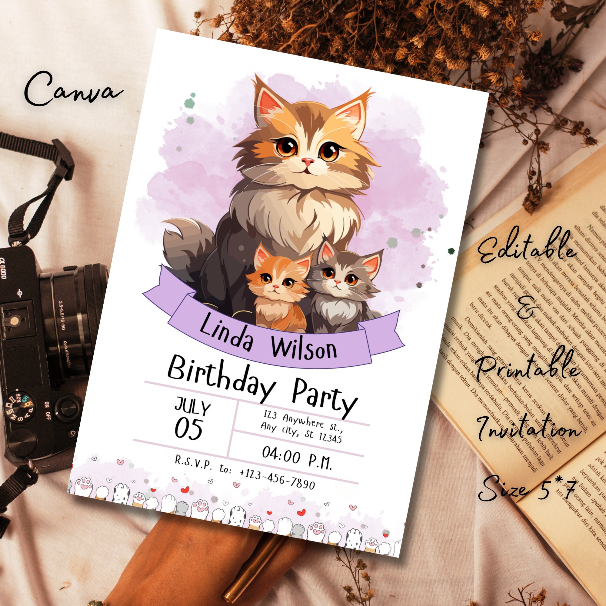 Girls Kitty Cat Party Invitation, Edit Yourself Kids Invitation, Paw Ty ...