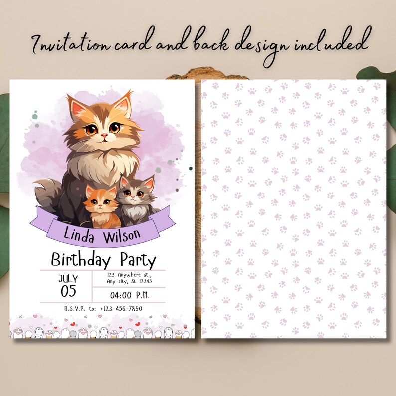 Girls Kitty Cat Party Invitation, Edit Yourself Kids Invitation, Paw Ty ...