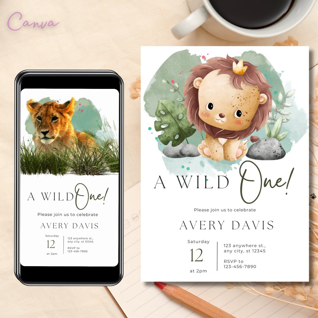 Wild One Birthday Invitation, Lion Birthday Invitation, Wild Lion, Baby ...