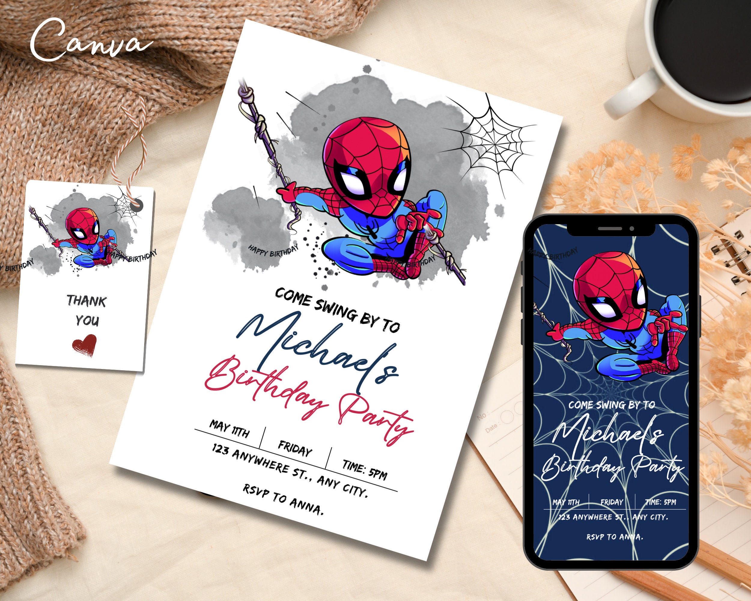 Plantilla de invitación de Spiderman / Invitación de fiesta de ...