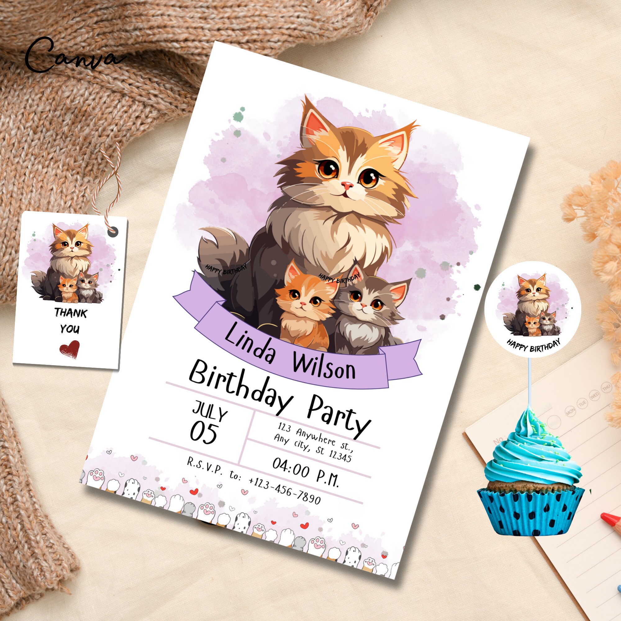 Girls Kitty Cat Party Invitation, Edit Yourself Kids Invitation, Paw Ty ...