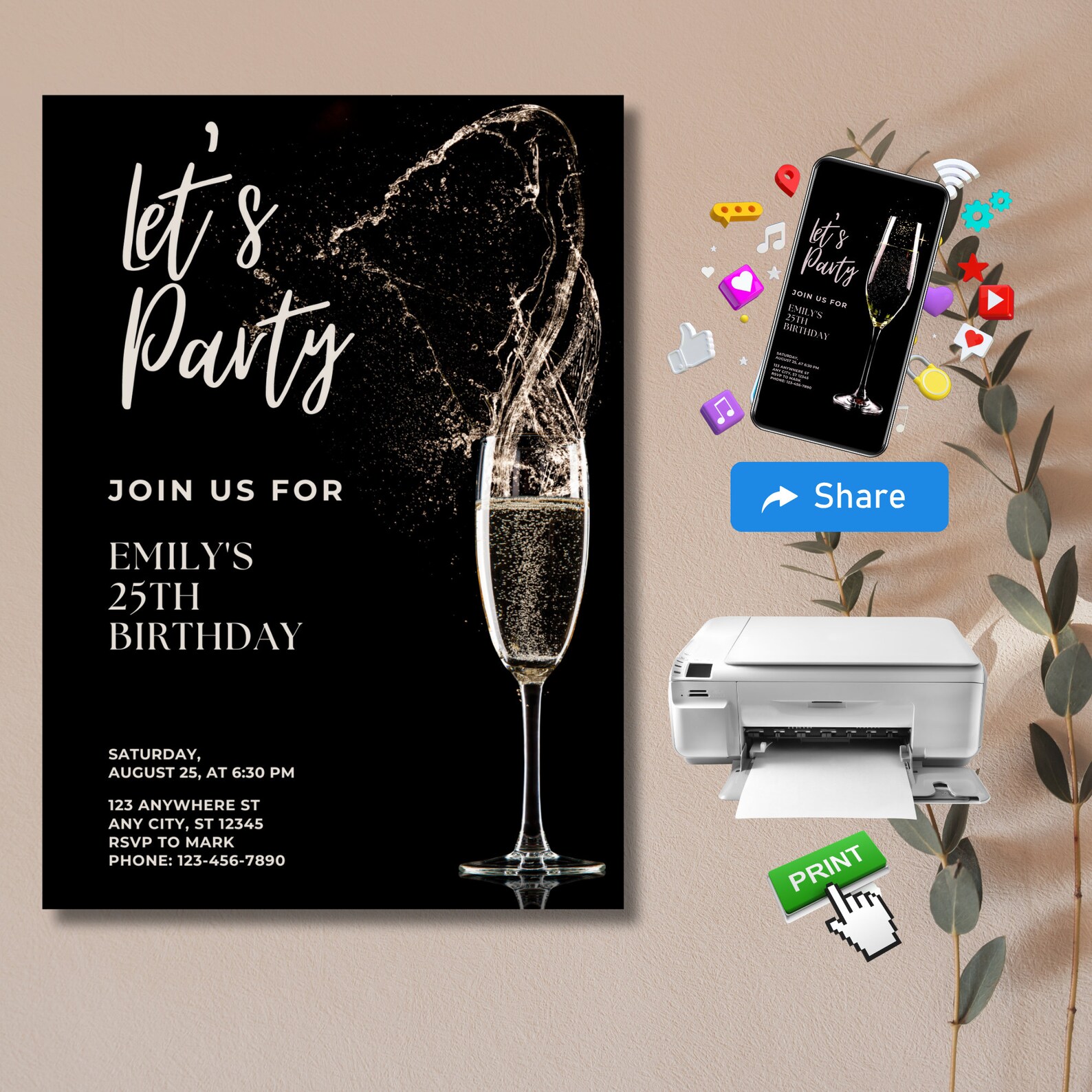 Pink Champagne Birthday Invitation, Champagne Invitation, Pink ...