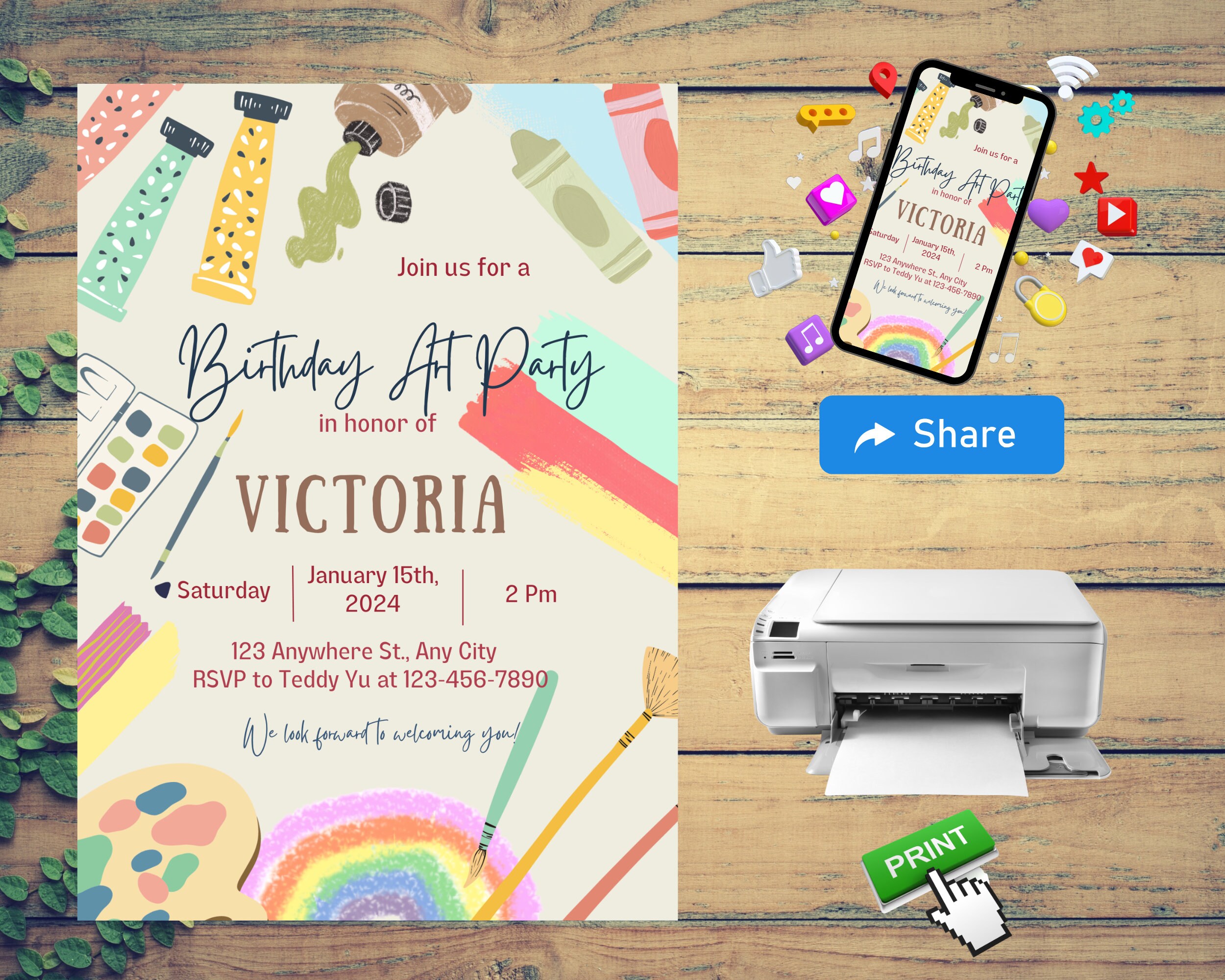 Editable Painting Party Invitation Art Party Birthday Invite Paint ...