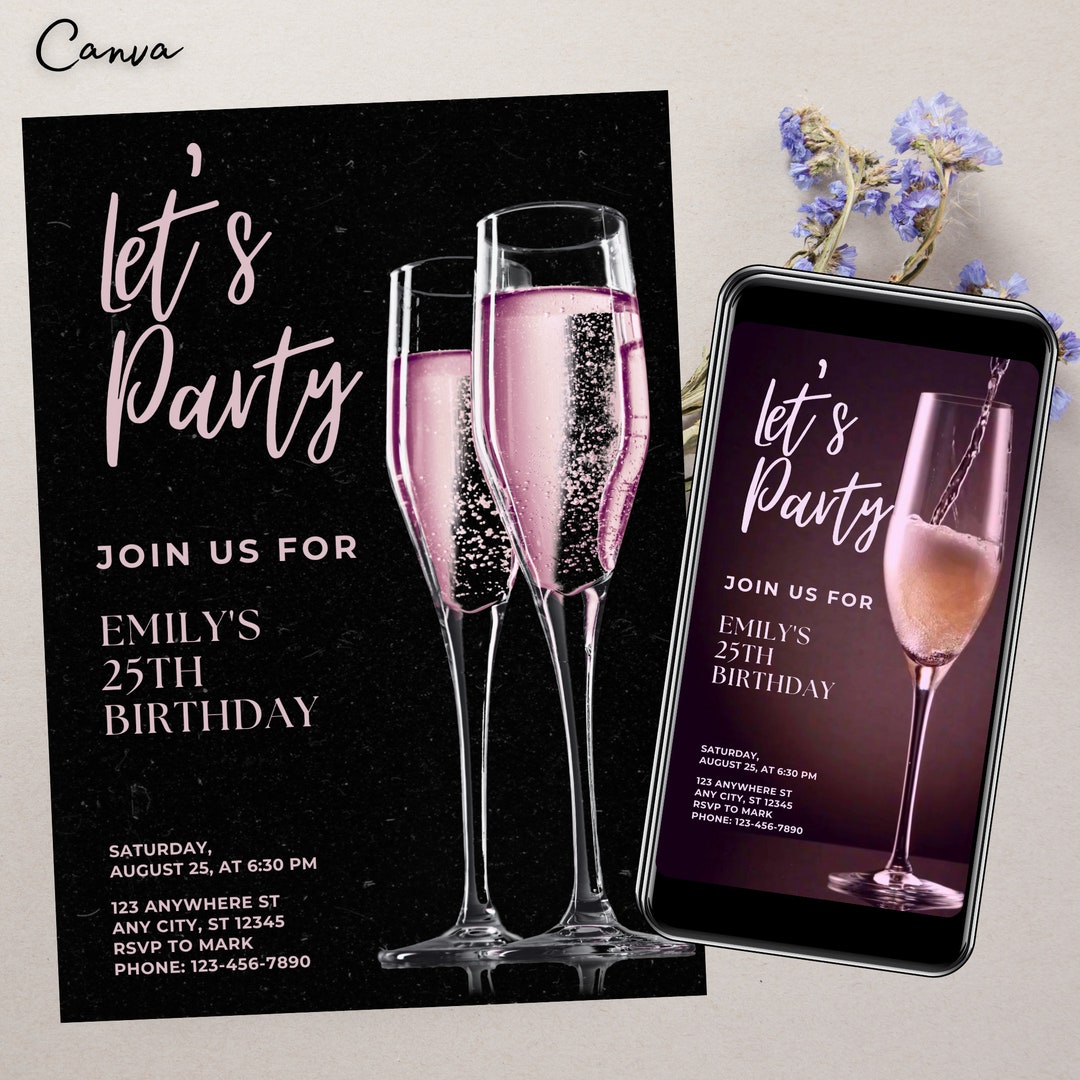 Pink Champagne Birthday Invitation, Champagne Invitation, Pink ...