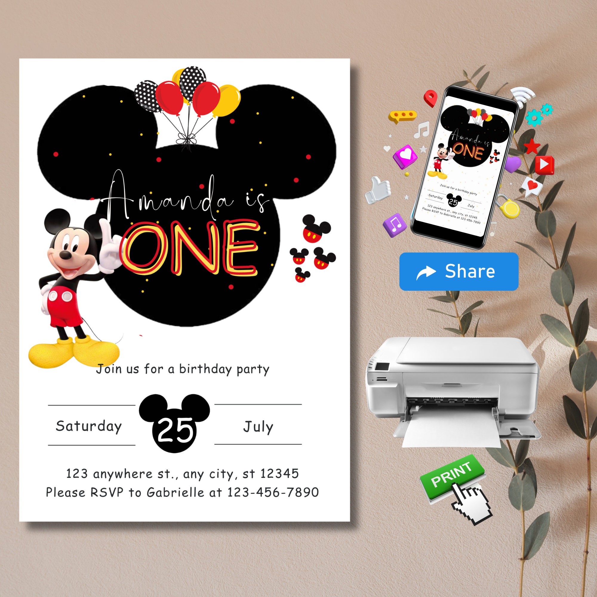 Mickey Mouse Birthday Invite, Birthday Invitation Mickey, Birthday Boy ...