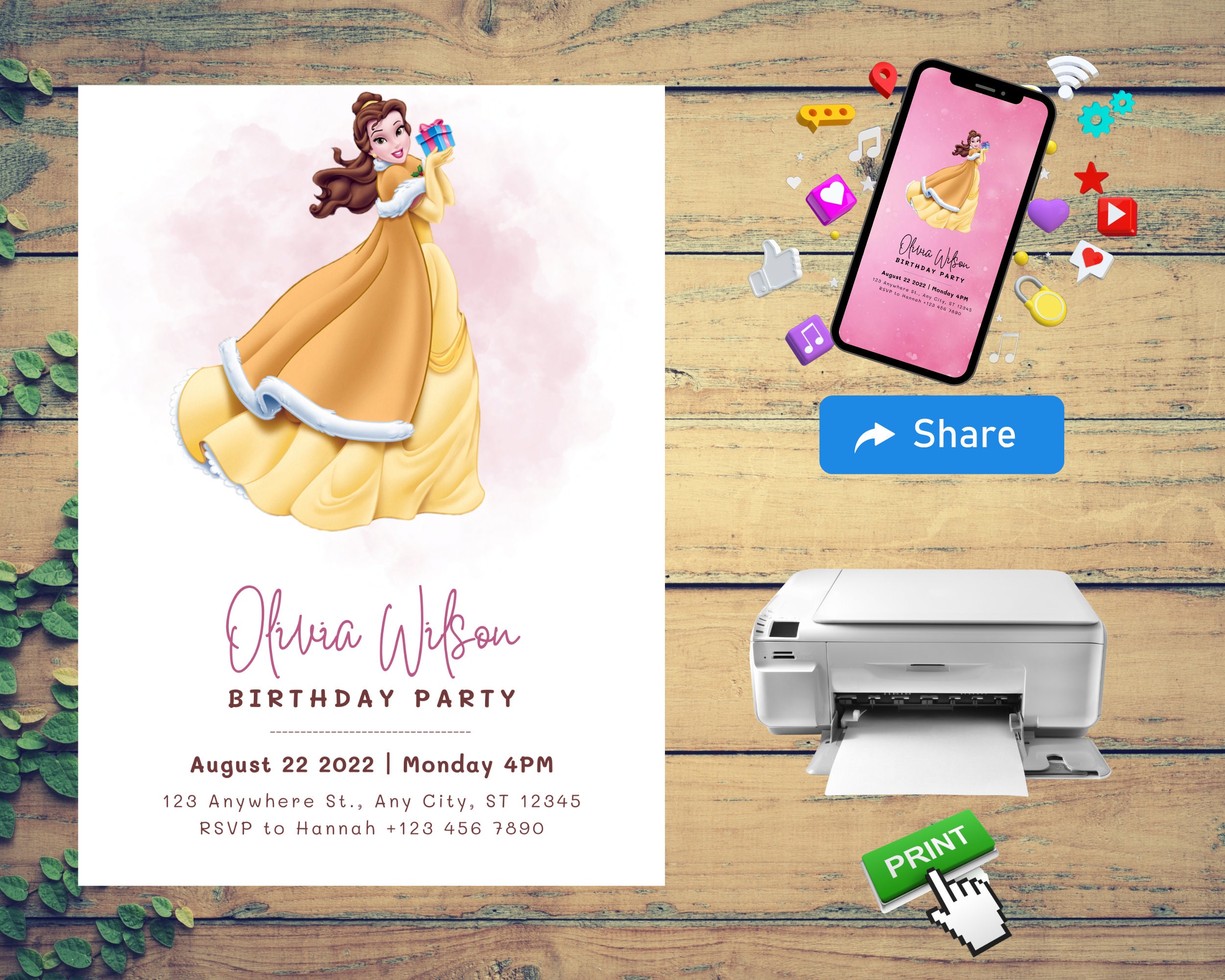 Belle Princess Invitation, Beauty and the Beast Birthday Invite ...