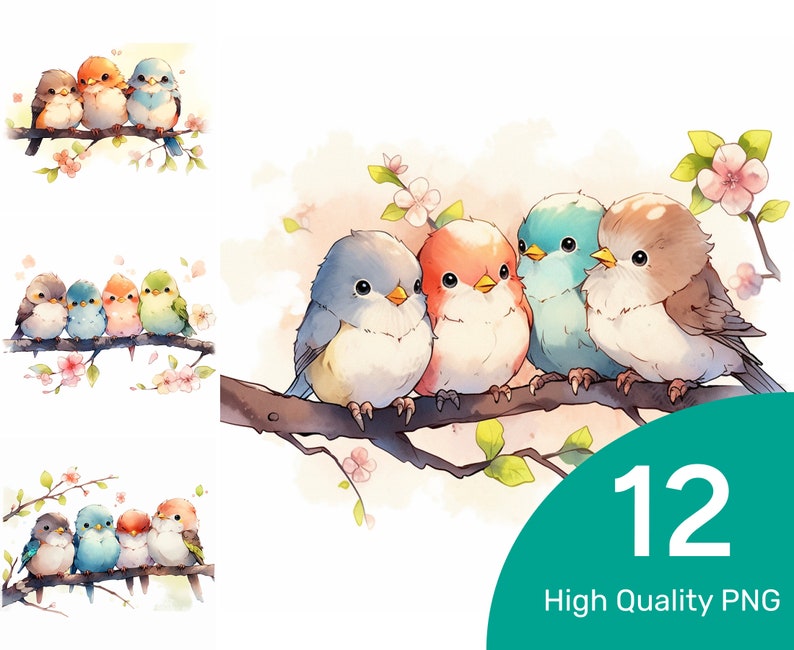 Cute Birds Clipart 12 High Quality PNG Watercolor Clipart Digital ...