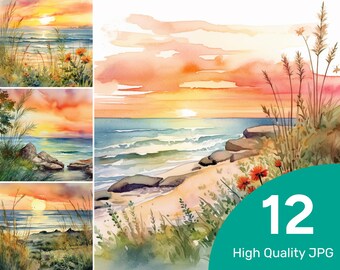 12 Beach Sunset Clipart, Summer Palm Jpgs, Printable Watercolor Clipart ...