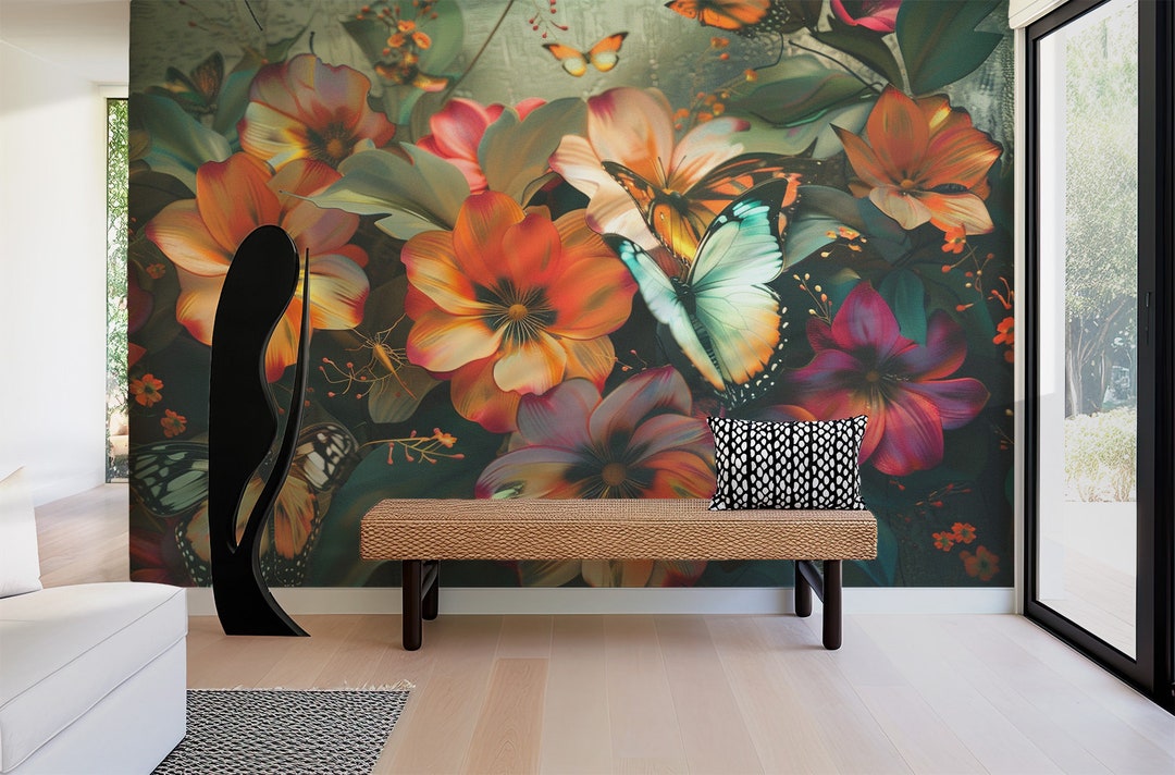 Flower Butterfly Mural, Wallpaper Floral Wall Decor for Living Room ...
