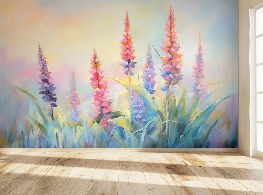 Pastel Flower Field Wallpaper Mural, Floral Watercolor Wall Art Decor ...