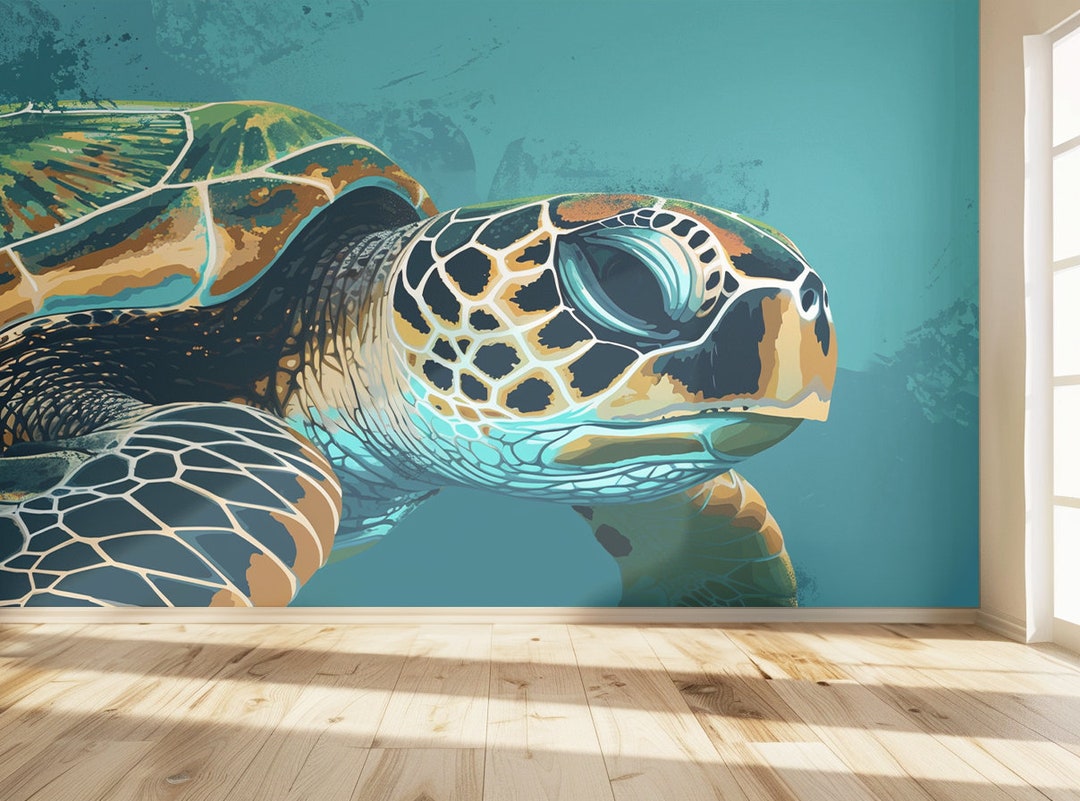 Sea Turtle Mural, Wallpaper Coastal Wall Art, Large Oversized Peel ...
