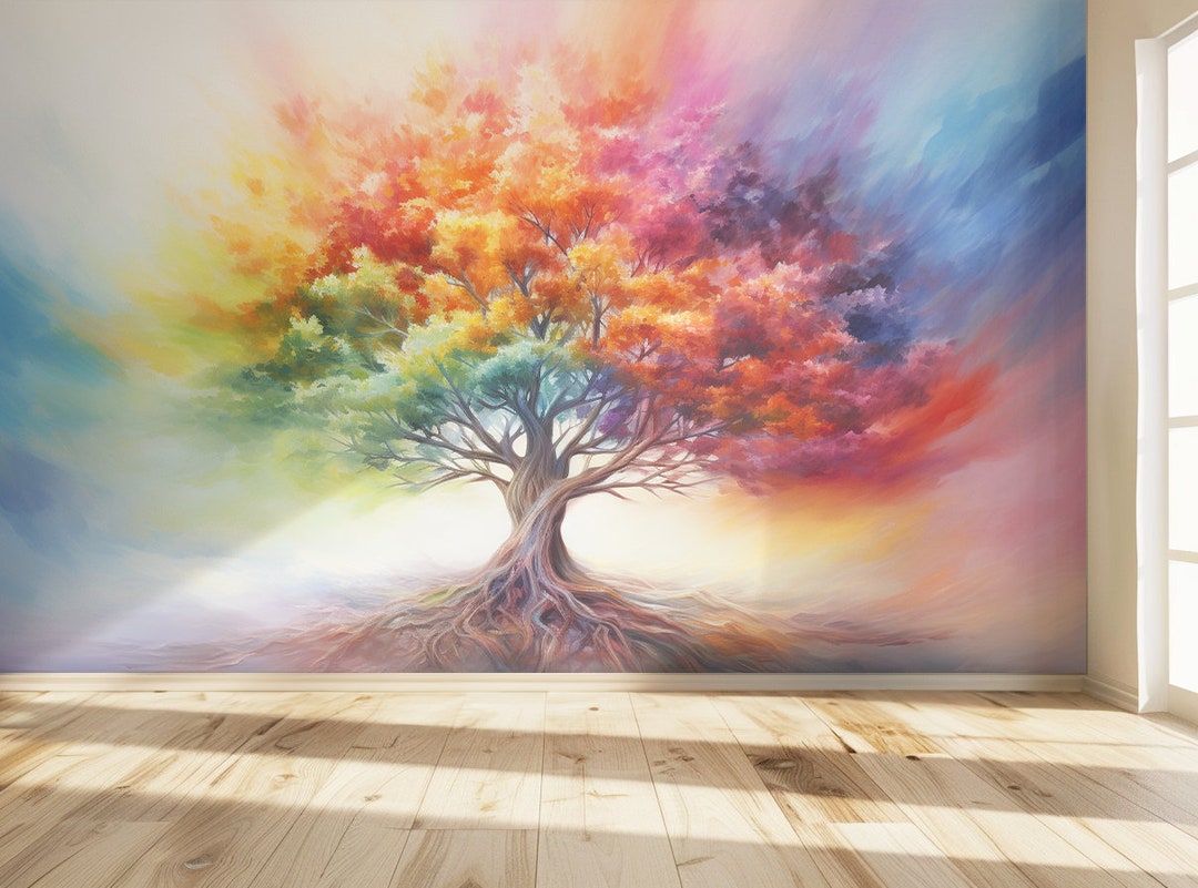 Tree of Life Wallpaper Mural, Watercolor Wall Art Decor, Modern Vibrant ...