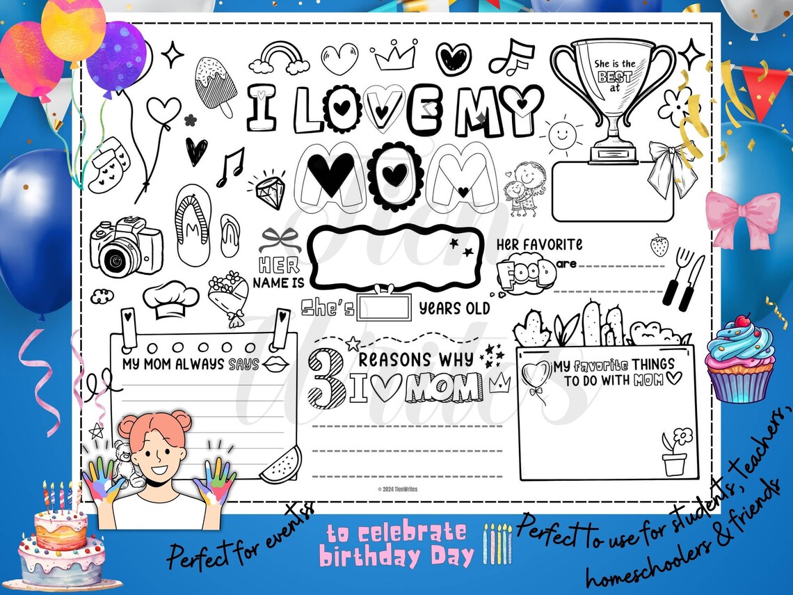 I Love My Mom Coloring Sheet, DIGITAL DOWNLOAD, Home Activity, All ...