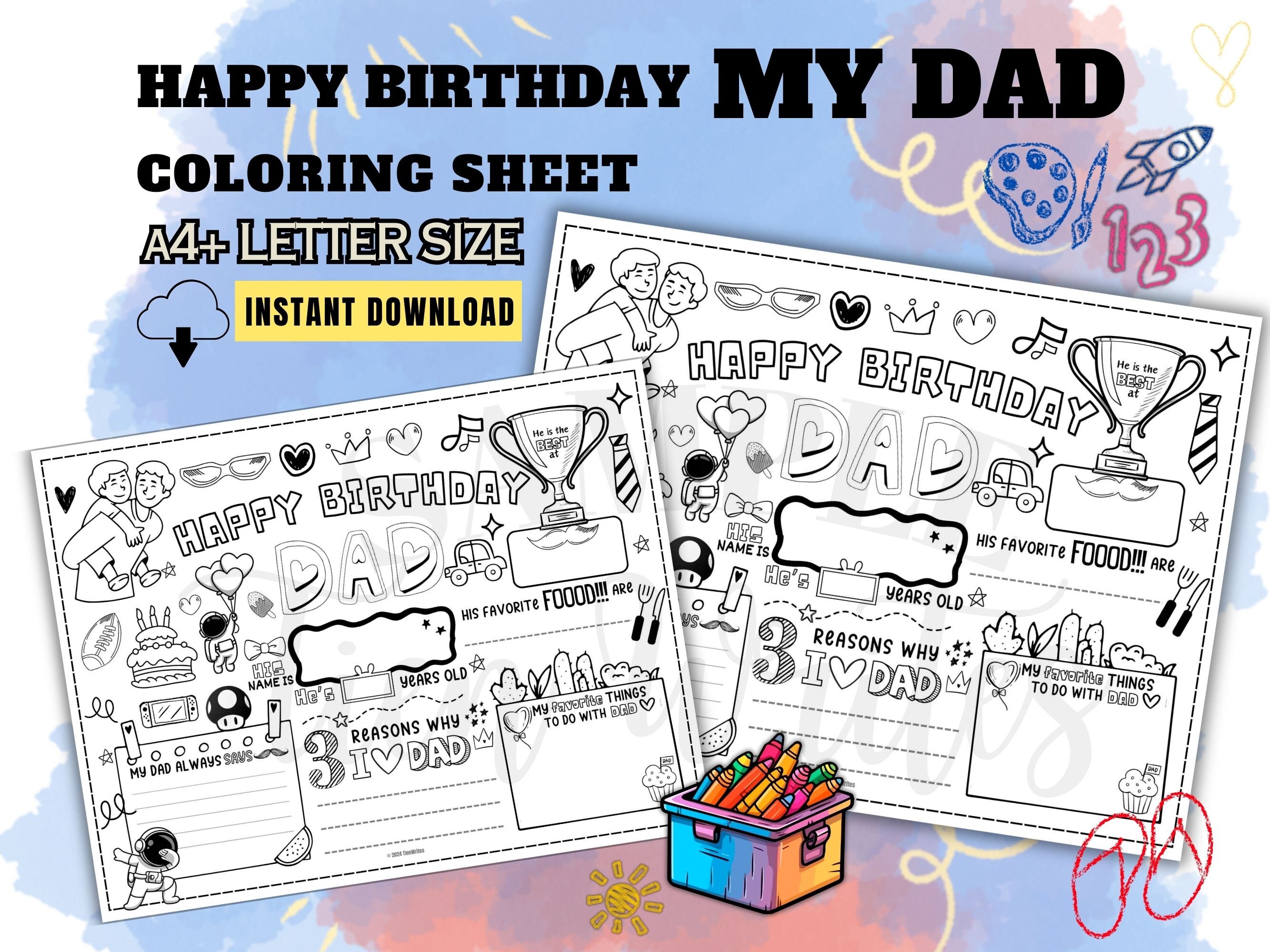 Happy Birthday Dad Coloring Sheet, DIGITAL DOWNLOAD, Home Activity, All ...
