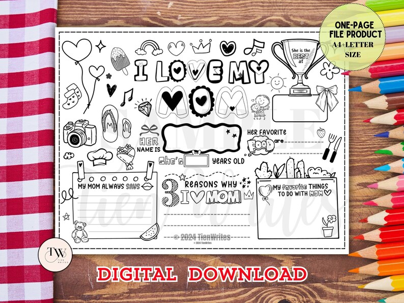 I Love My Mom Coloring Sheet, DIGITAL DOWNLOAD, Home Activity, All ...
