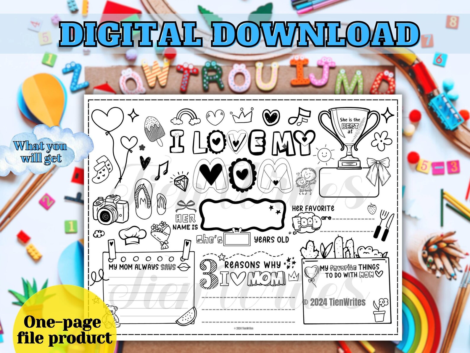 I Love My Mom Coloring Sheet, DIGITAL DOWNLOAD, Home Activity, All ...