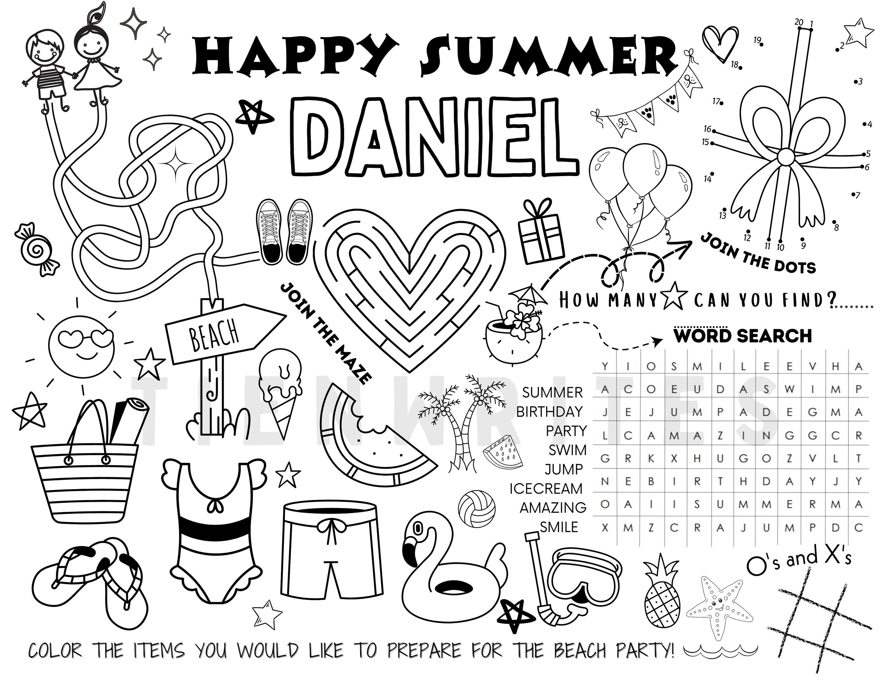 Personalized Summer Coloring Placemat, Coloring & Game Table Decoration ...