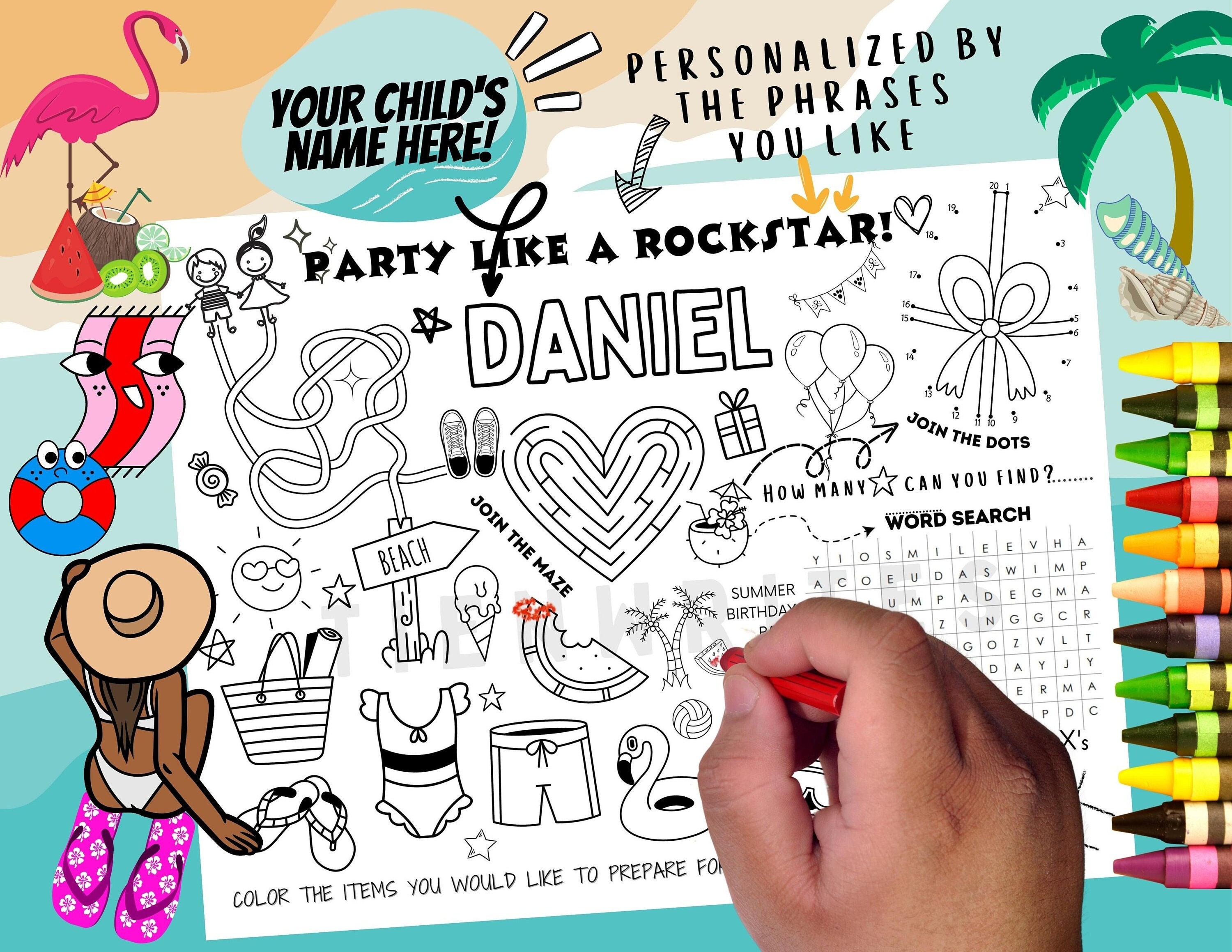 Personalized Summer Coloring Placemat, Coloring & Game Table Decoration ...