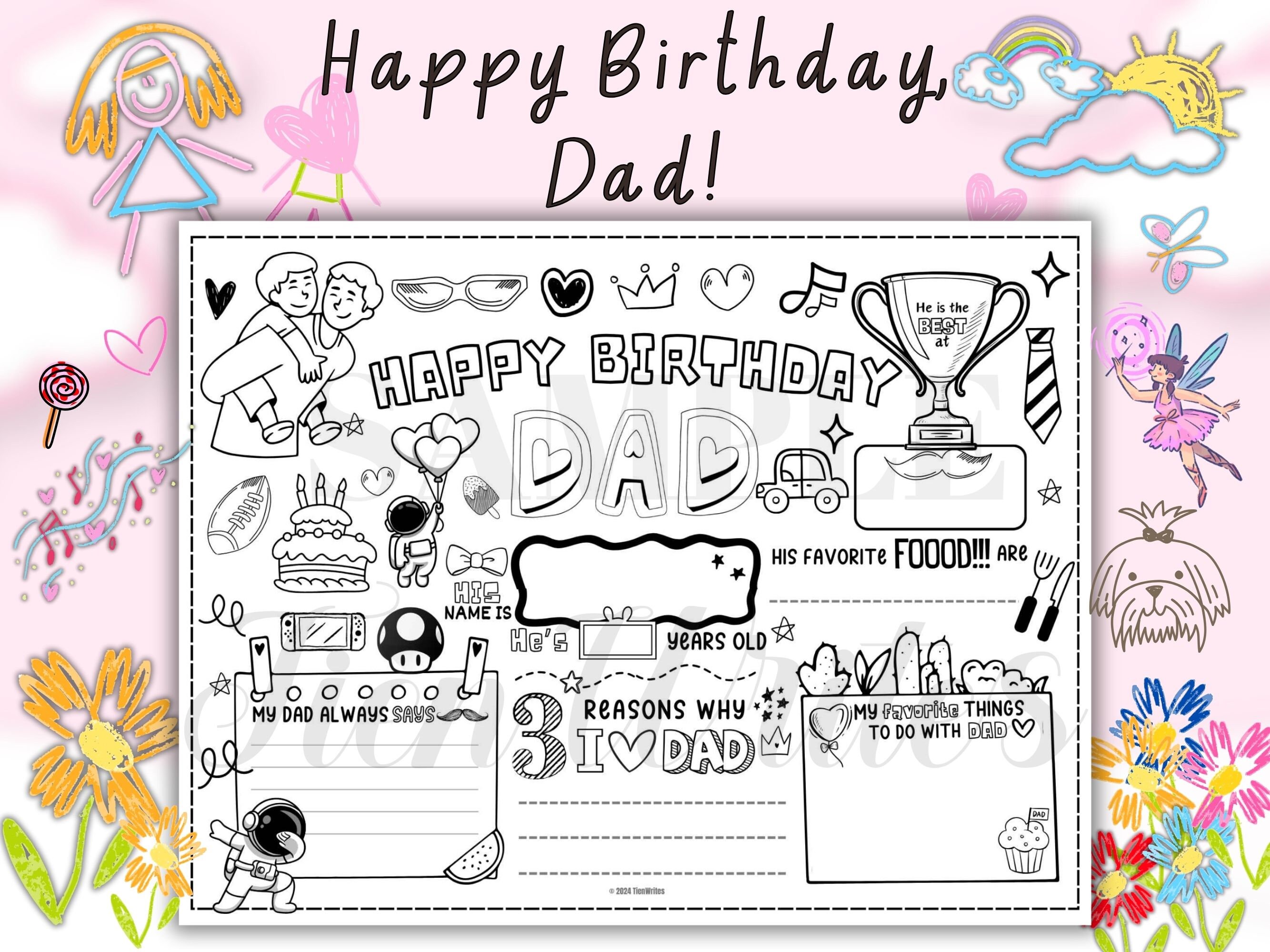 Happy Birthday Dad Coloring Sheet, DIGITAL DOWNLOAD, Home Activity, All ...