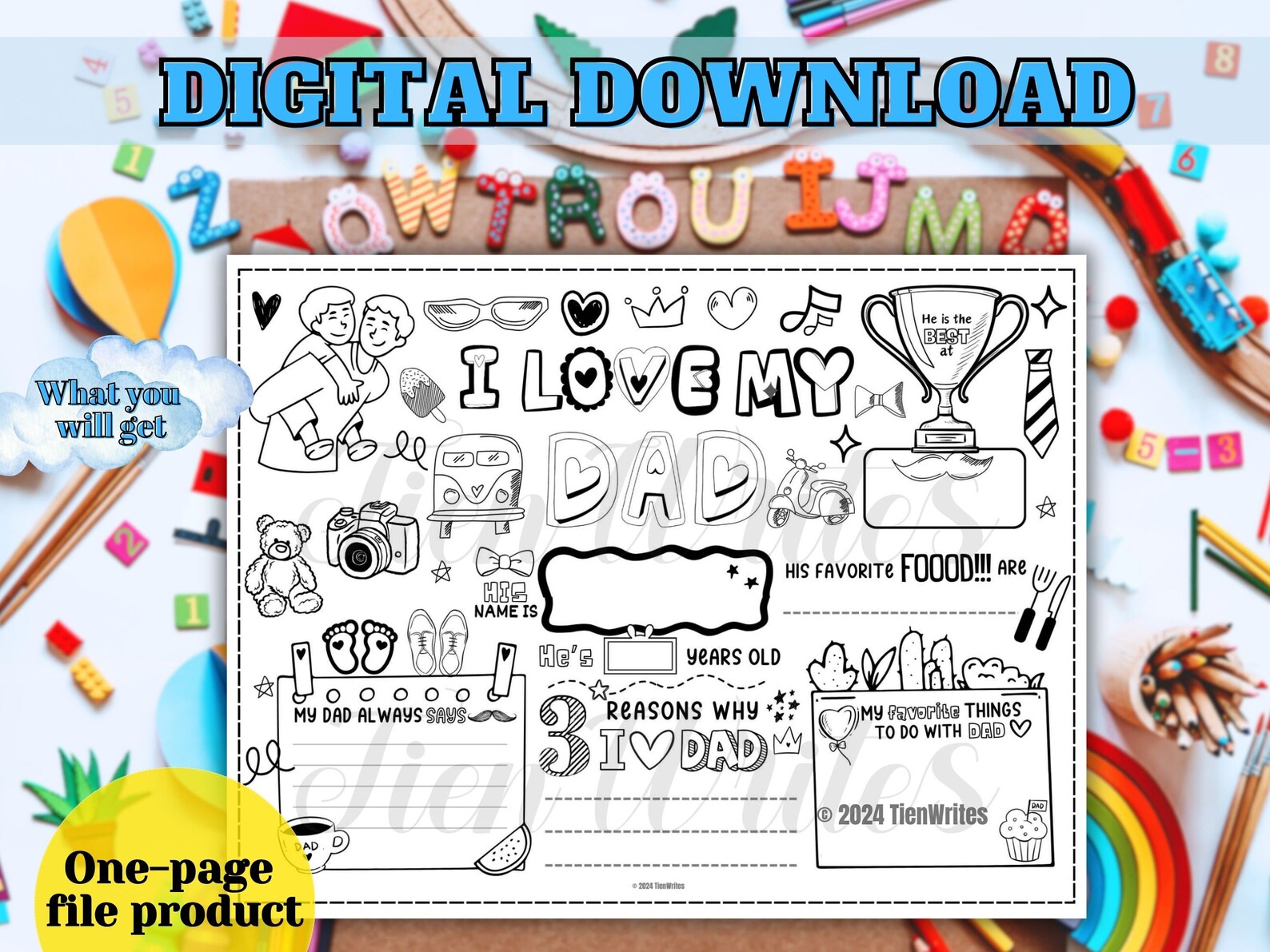 I Love My Dad Coloring Sheet, DIGITAL DOWNLOAD, Home Activity, All ...
