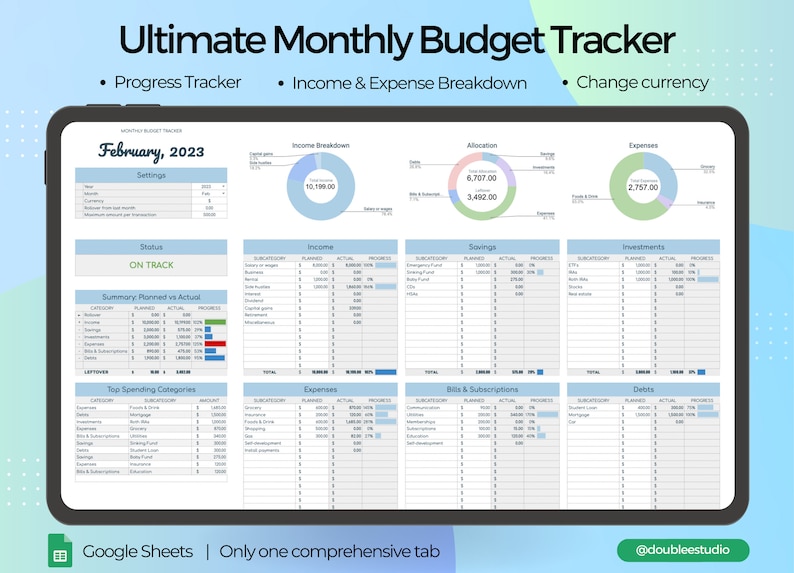 Monthly Budget Tracker Spreadsheet Template for Google Sheets ...
