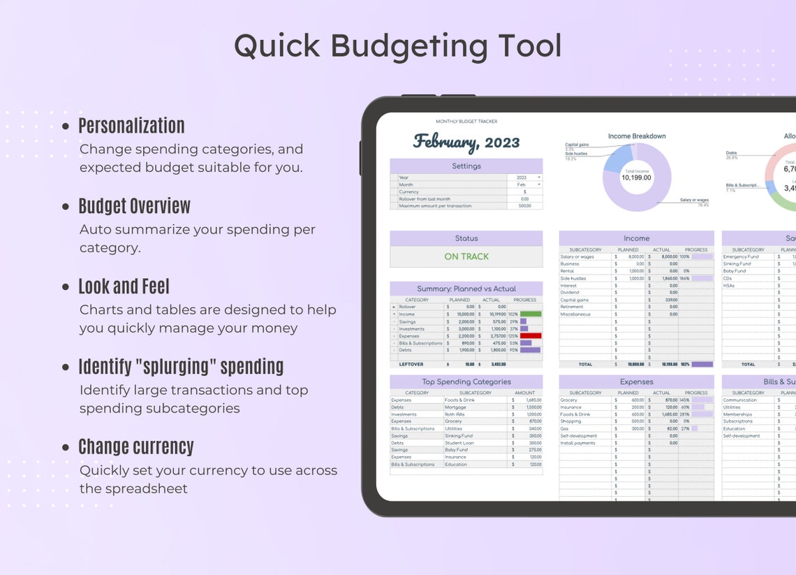 Monthly Budget Tracker Spreadsheet Template for Google Sheets ...