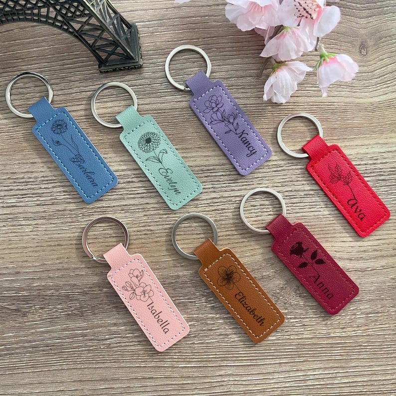 Personalized Leather Keychain, Customized Name With Flowers Key Chain ...