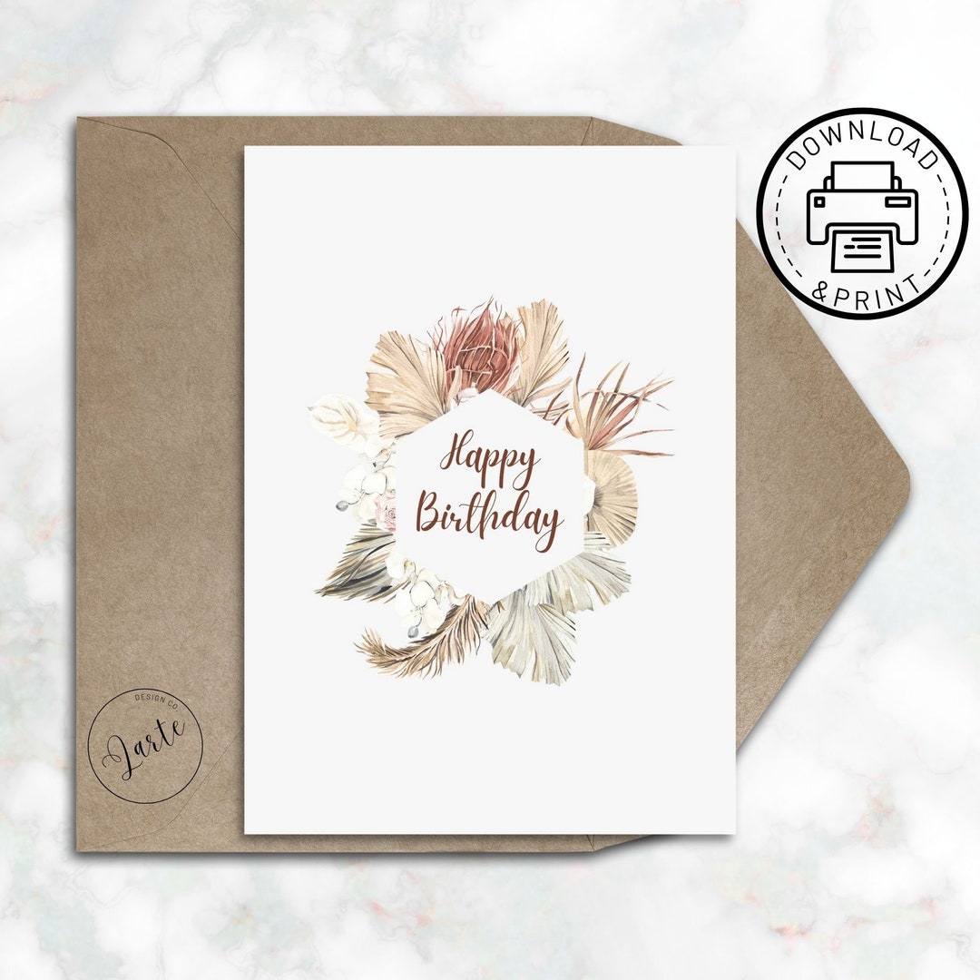 Boho Floral Happy Birthday Card - Instant Download, Digital Download ...