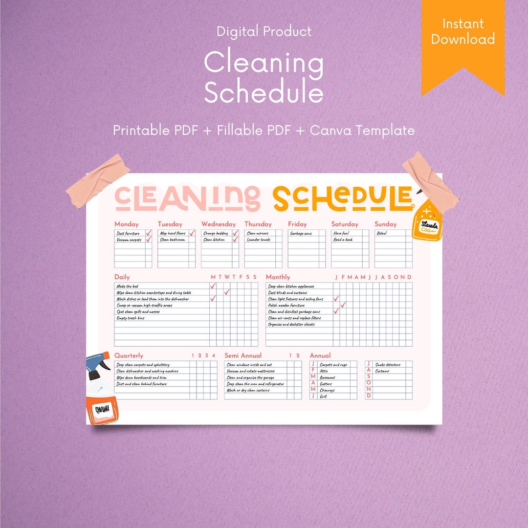 Printable Cleaning Checklist Template, Digital Weekly Cleaning Planner ...