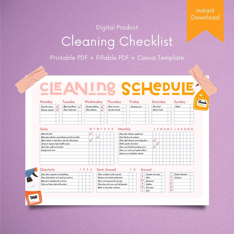 Printable Cleaning Checklist Template, Digital Weekly Cleaning Planner ...
